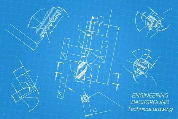 Mechanical engineering drawings on blue background. Drill tools, borer ...