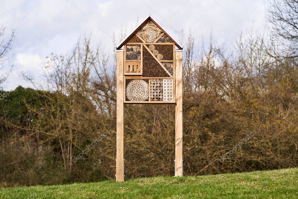 Casa de insectos en el prado. Protección de los animales y del medio ...