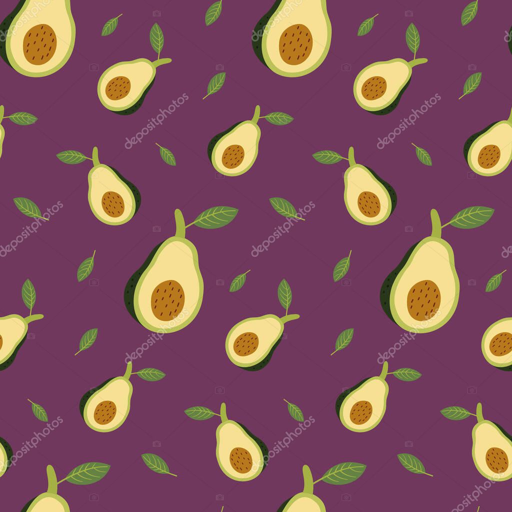 Patr n de aguacate sin costuras con hojas sobre fondo p rpura. Ilustraci n vectorial a color del ...