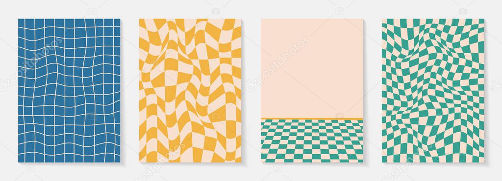 Groovy hippie 70s backgrounds. Checkerboard, chessboard, mesh, waves patterns. Twisted and ...