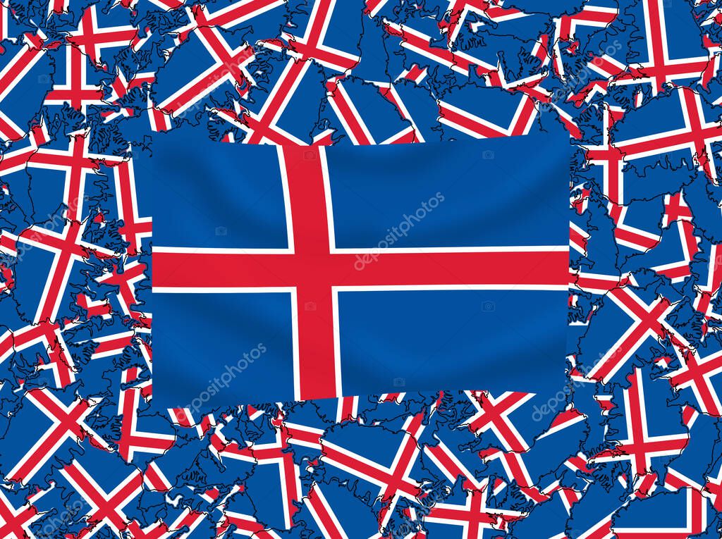 Isla, mapa de tierra y la bandera, Reg, azul blanco. 2023