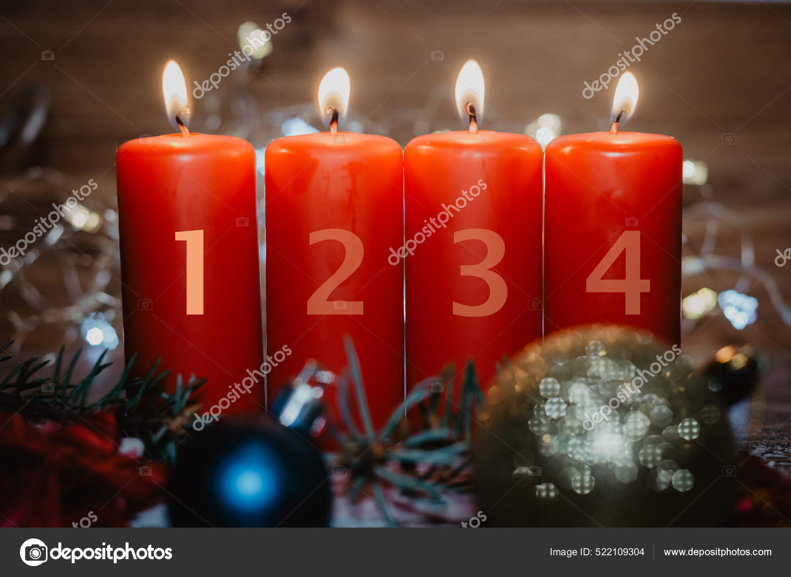 Four Numbered Red Advent Candles First Candle Lit Christmas Decoration ...