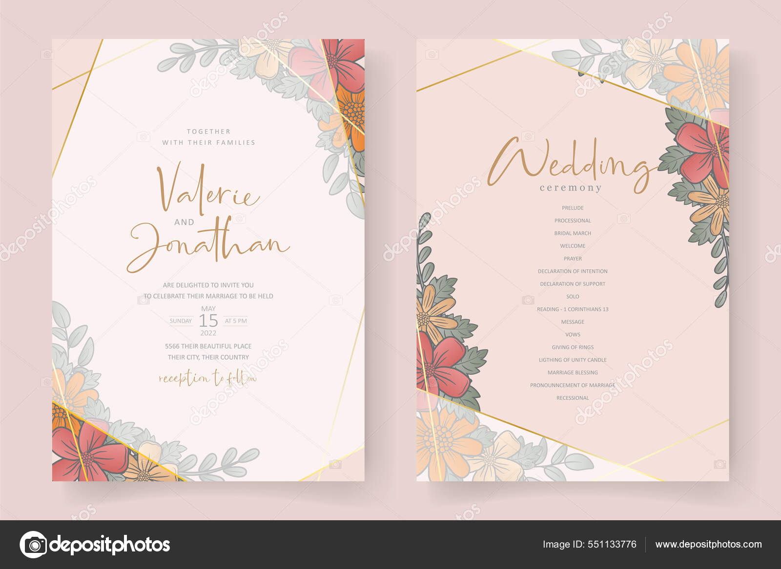Wedding Invitation Template Gradient Color Floral Outline Stock Vector ...