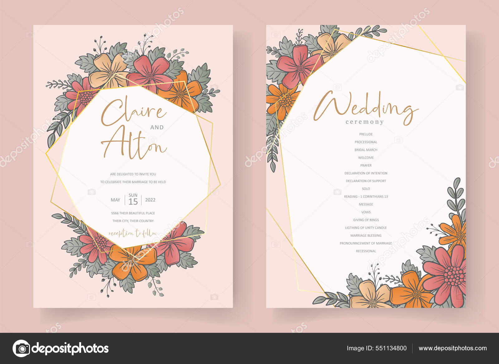 Wedding Invitation Template Gradient Color Floral Outline Stock Vector ...