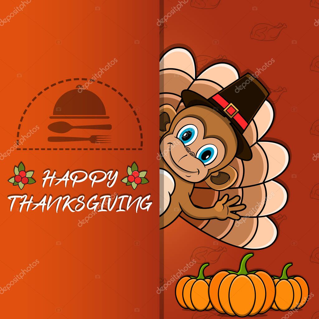 Tarjeta de Acción de Gracias con Diseño de Carácter Mono. Feliz Día de ...