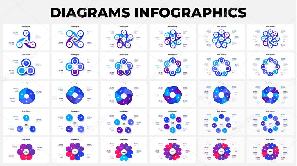 Infograf as vectoriales. Gran conjunto de diagramas de ciclo con 3, 4, 5, 6, 7 y 8 opciones ...