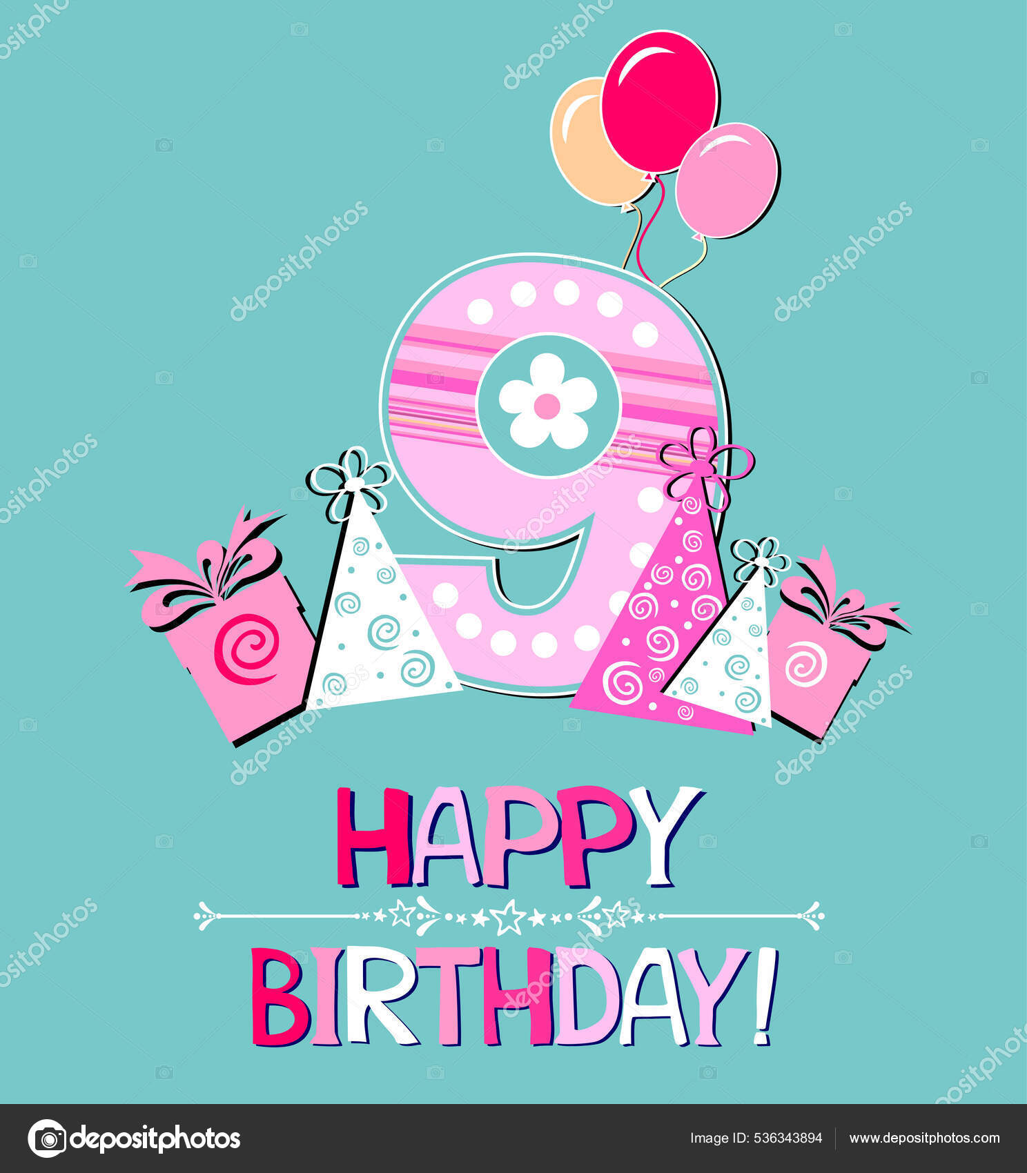 Happy Birthday Card Celebration Mint Background Number Nine Gift Boxes ...