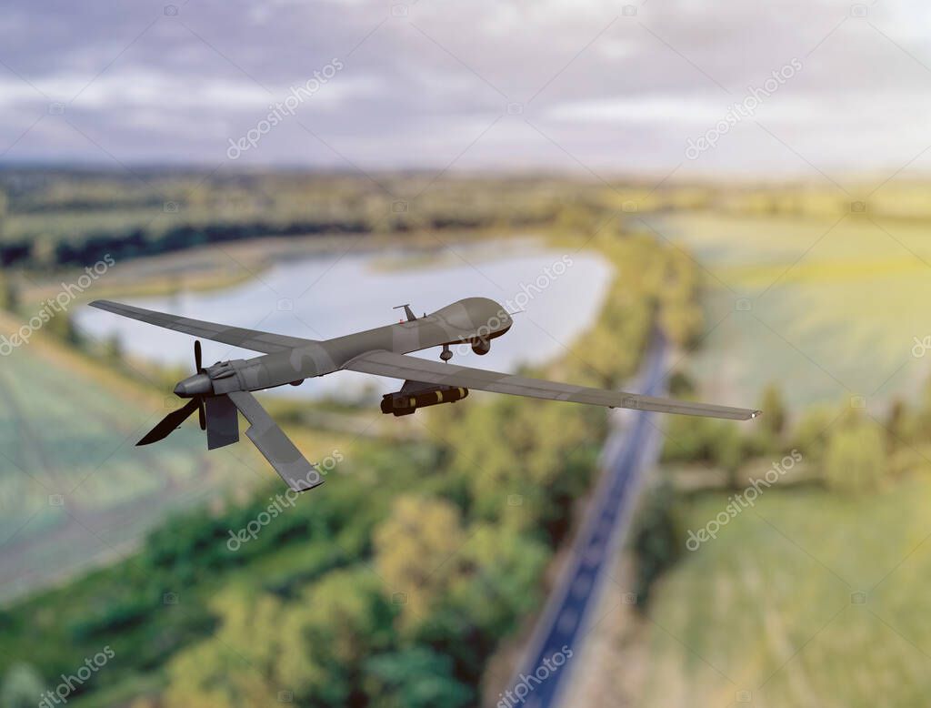 Dron de reconocimiento de combate militar armado con misiles, en el ...