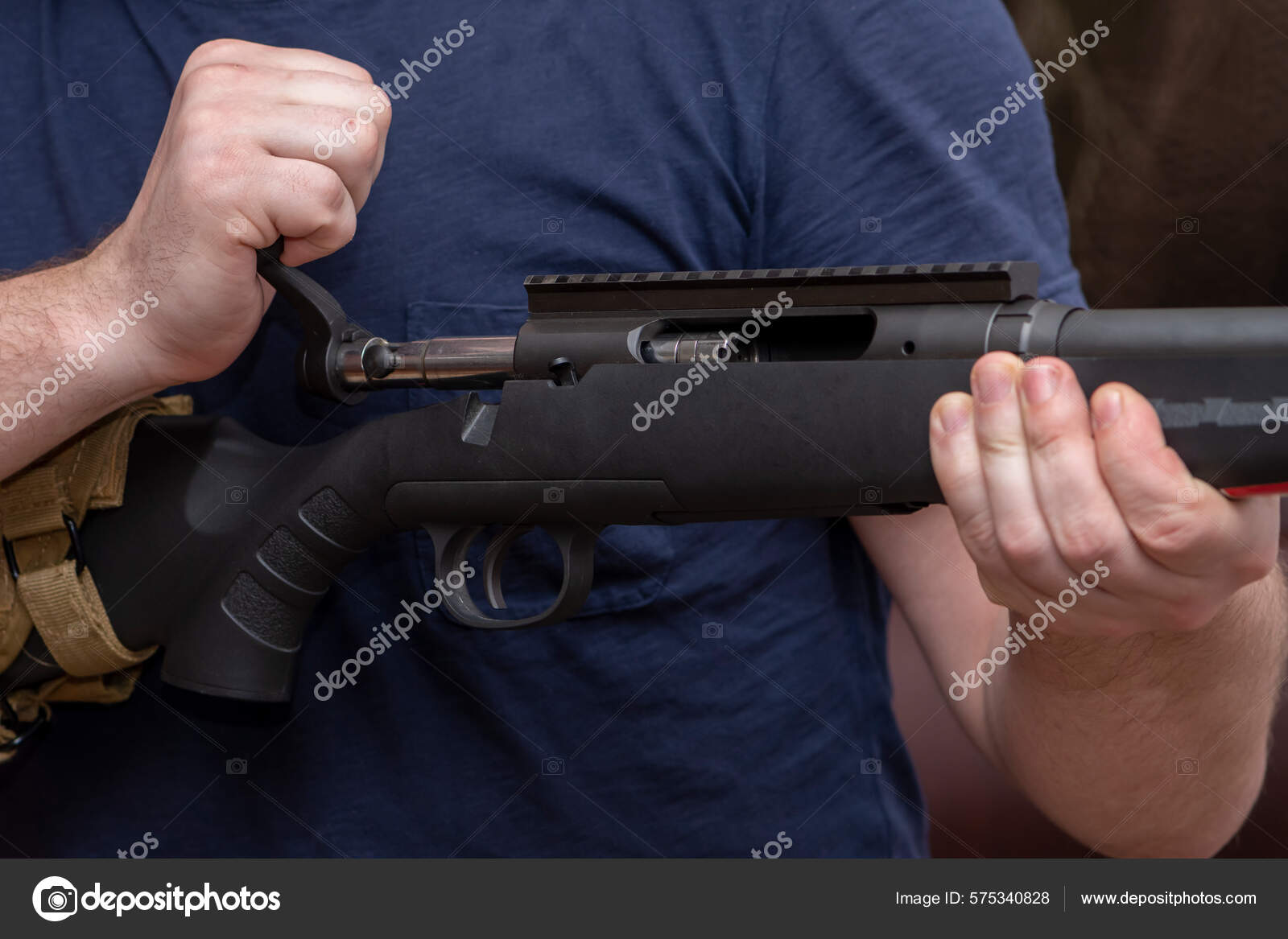 Man Reloads Rifle Retracts Bolt Loads Weapon Concept Storage Use ...