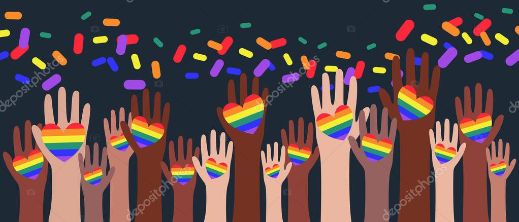 Manos sobre un fondo azul oscuro con corazones LGBT. Símbolo del ...
