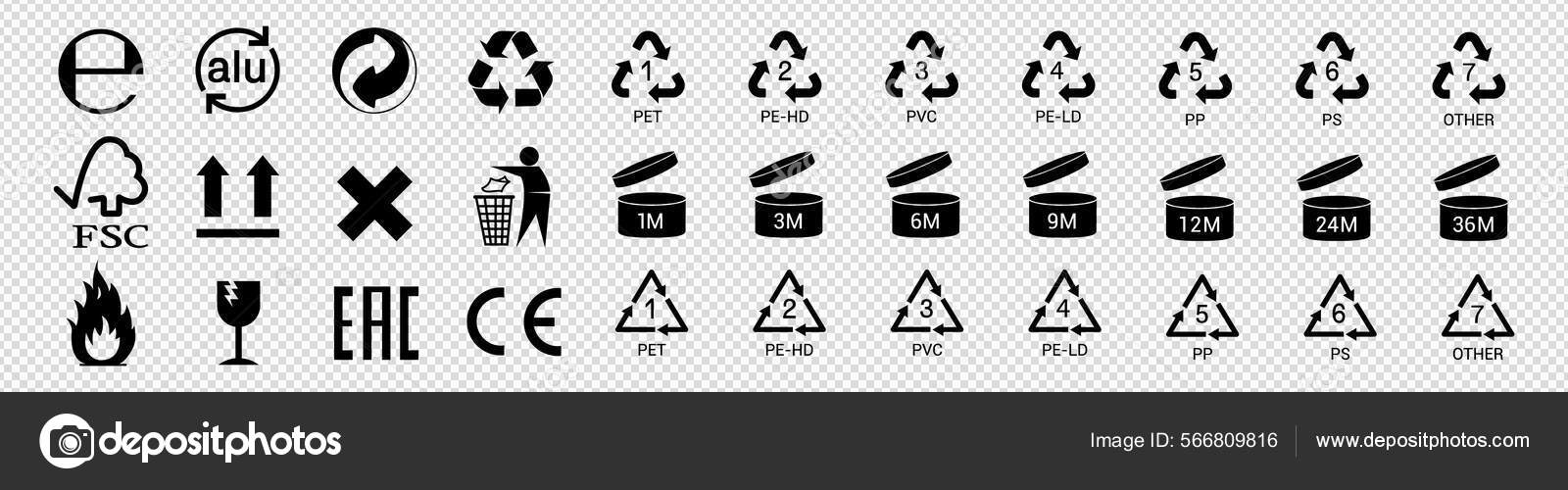 Packaging Icons Recycling Symbols Standard Signs Certification Mark Set ...