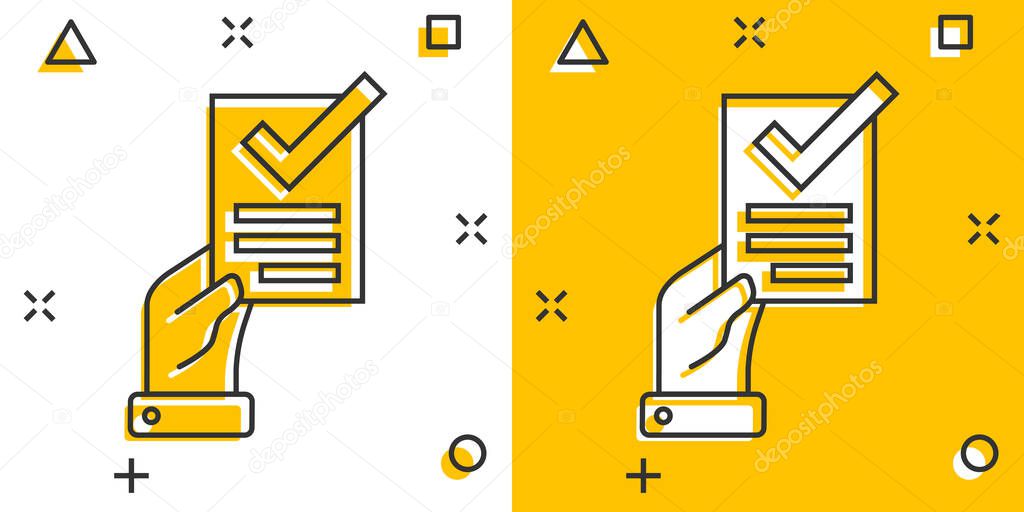 La gente de la mano con el icono de marca de verificaci n en estilo c mico. Aceptar ilustraci n ...