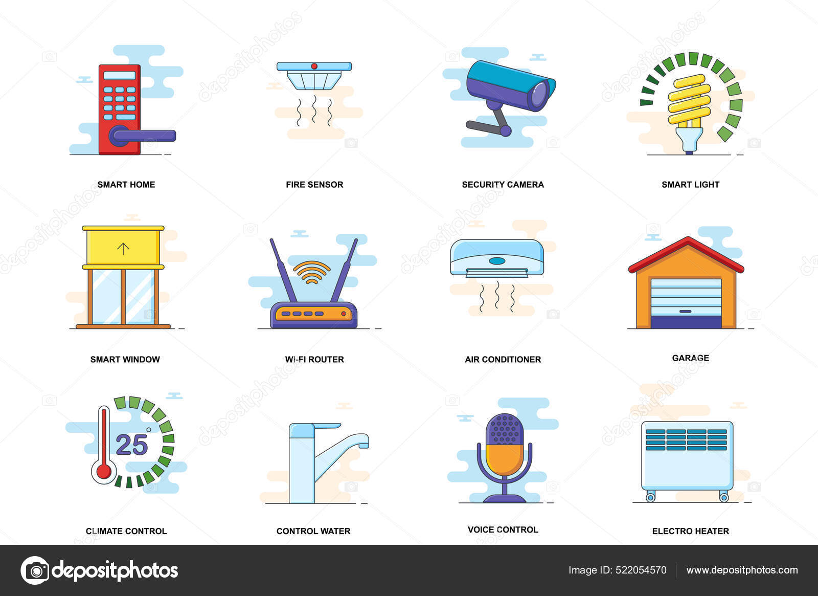 Smart home web concept stroke flat line icons isolated set. Home ...