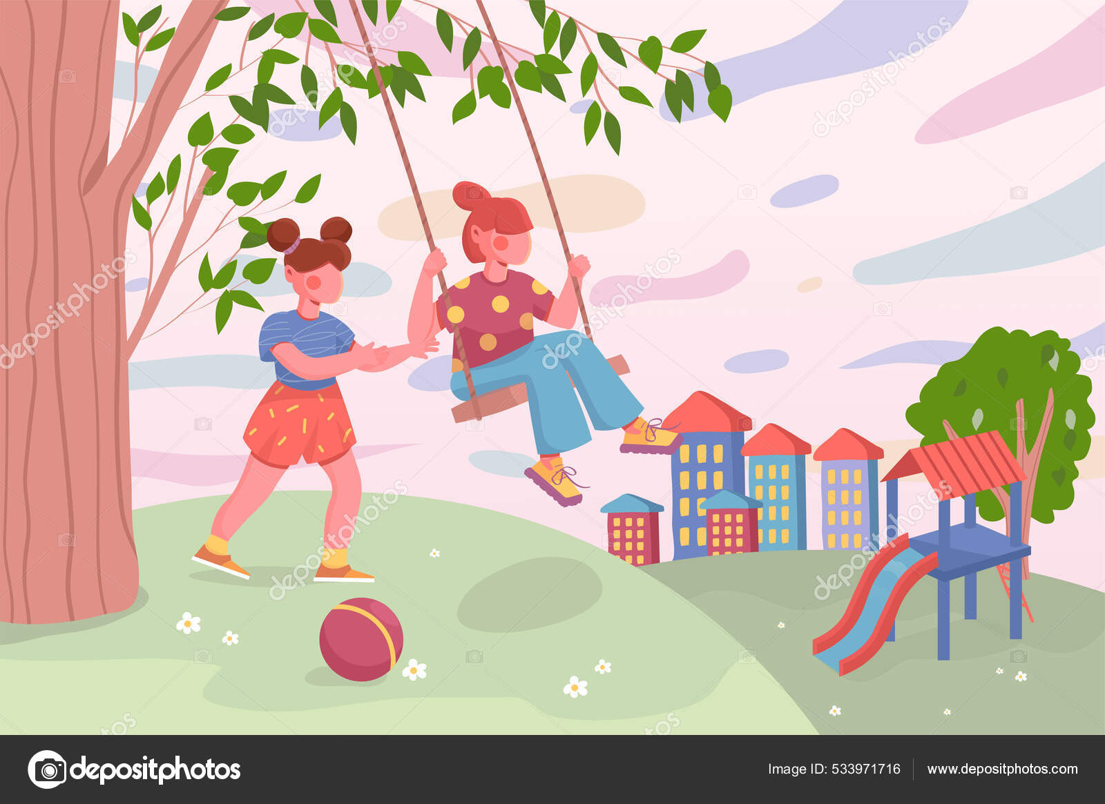 Crianças brincando no parque infantil em paisagem urbana de fundo. As ...