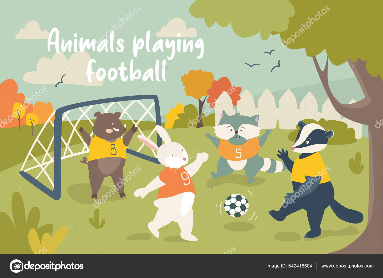 Animals playing football concept background. Rabbit, badger and raccoon ...