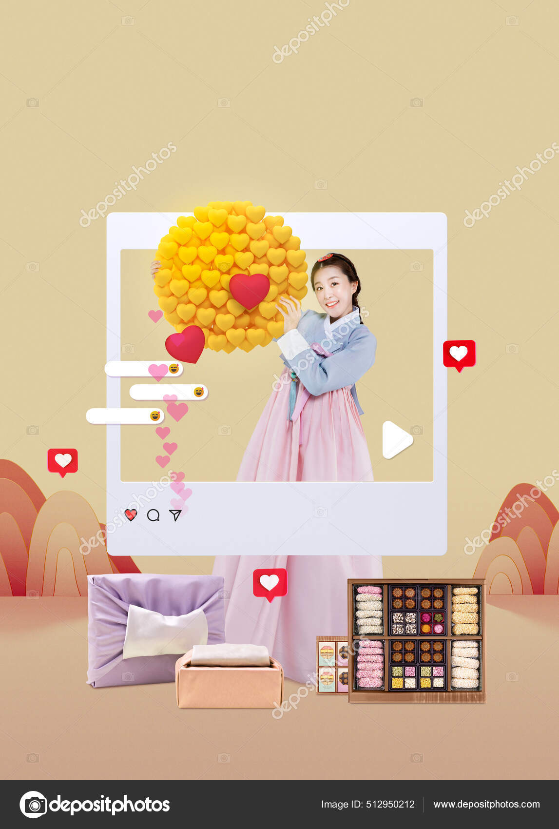 Korean Woman Hanbok Sns Frame Hearts Live Shopping Event Poster Stock ...