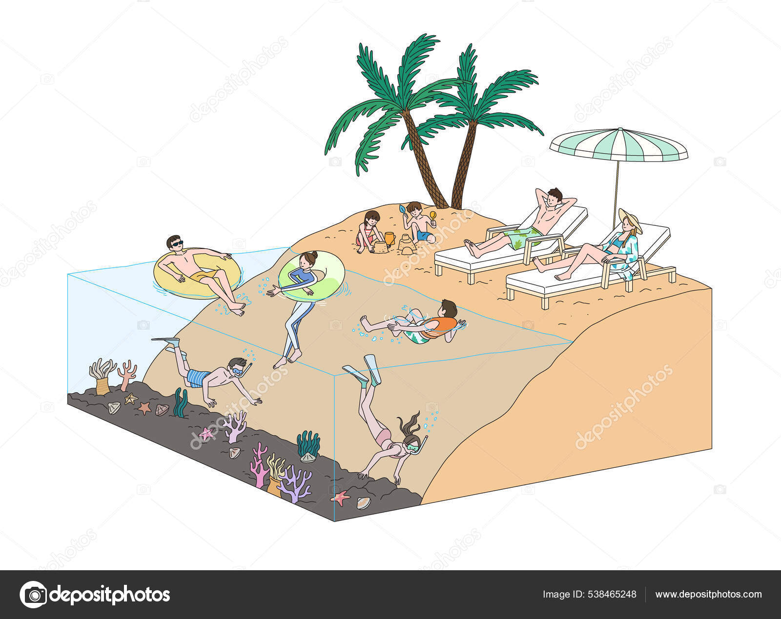 Isometric Minimal Line Drawing People Enjoying Summer Water Leisure ...