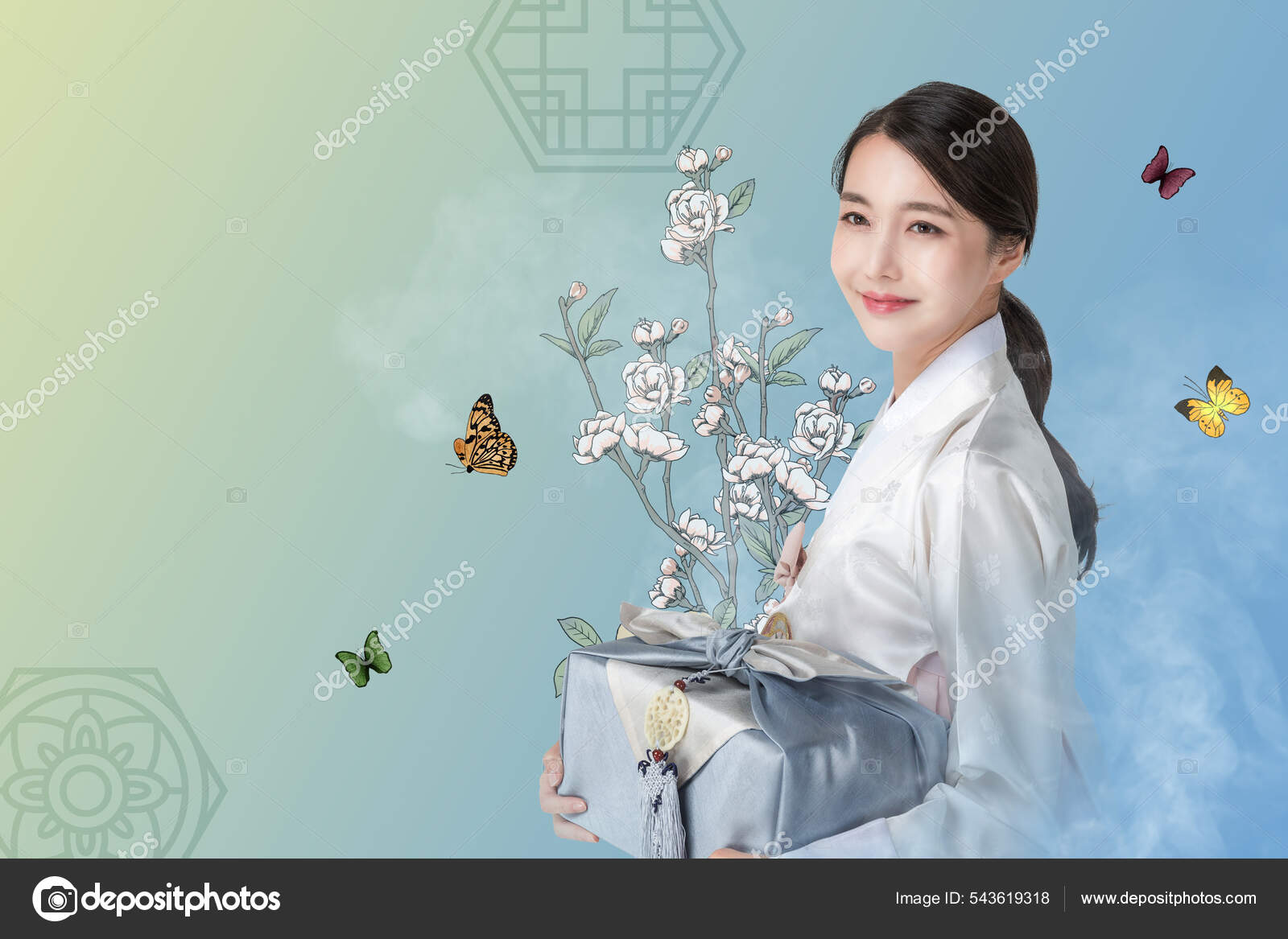 Colorful Korea New Year Greeting Poster Korean Model Hanbok — Stock ...