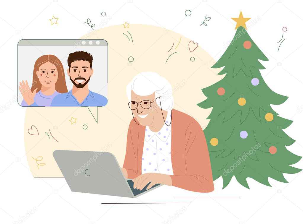 La abuela feliz se comunica con los ni os en el port til. Una anciana est sentada con una ...