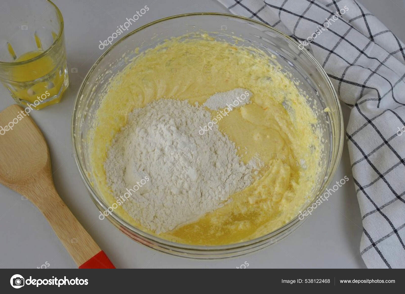 Add Flour Baking Powder Dough Pour 150 Orange Juice — Stock Photo ...