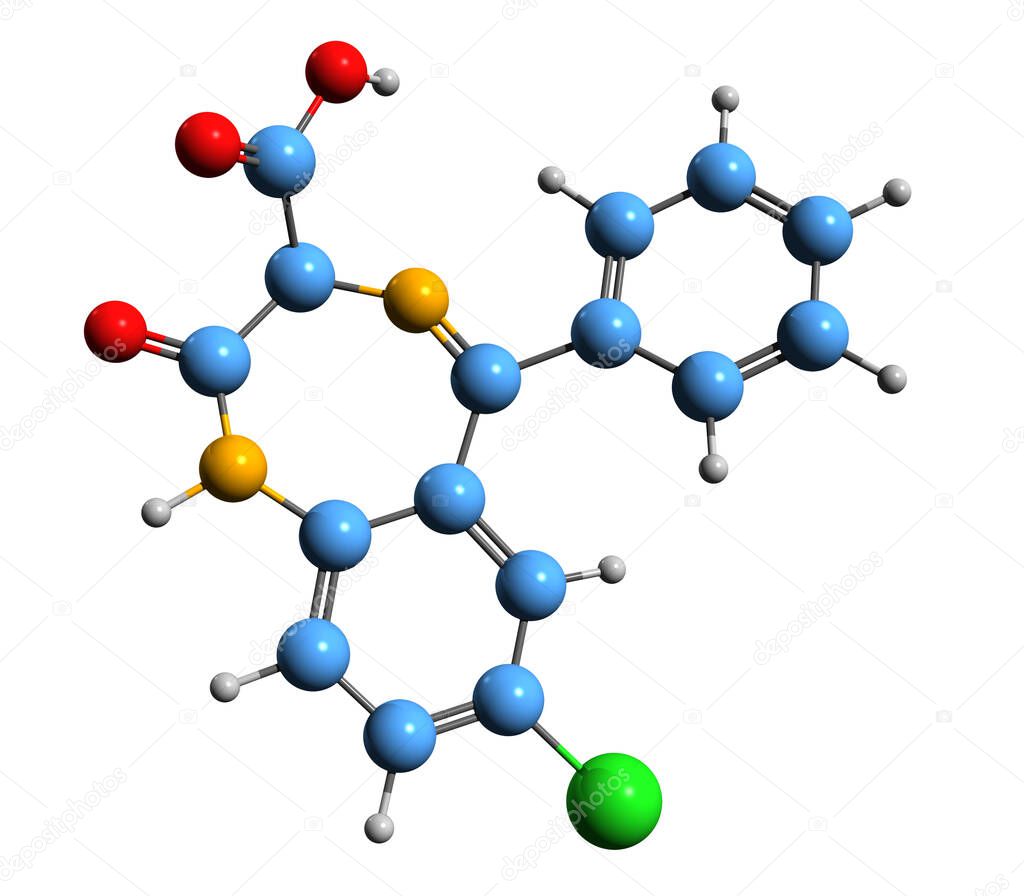 Imagen 3D de la fórmula esquelética de Clorazepato: estructura química ...