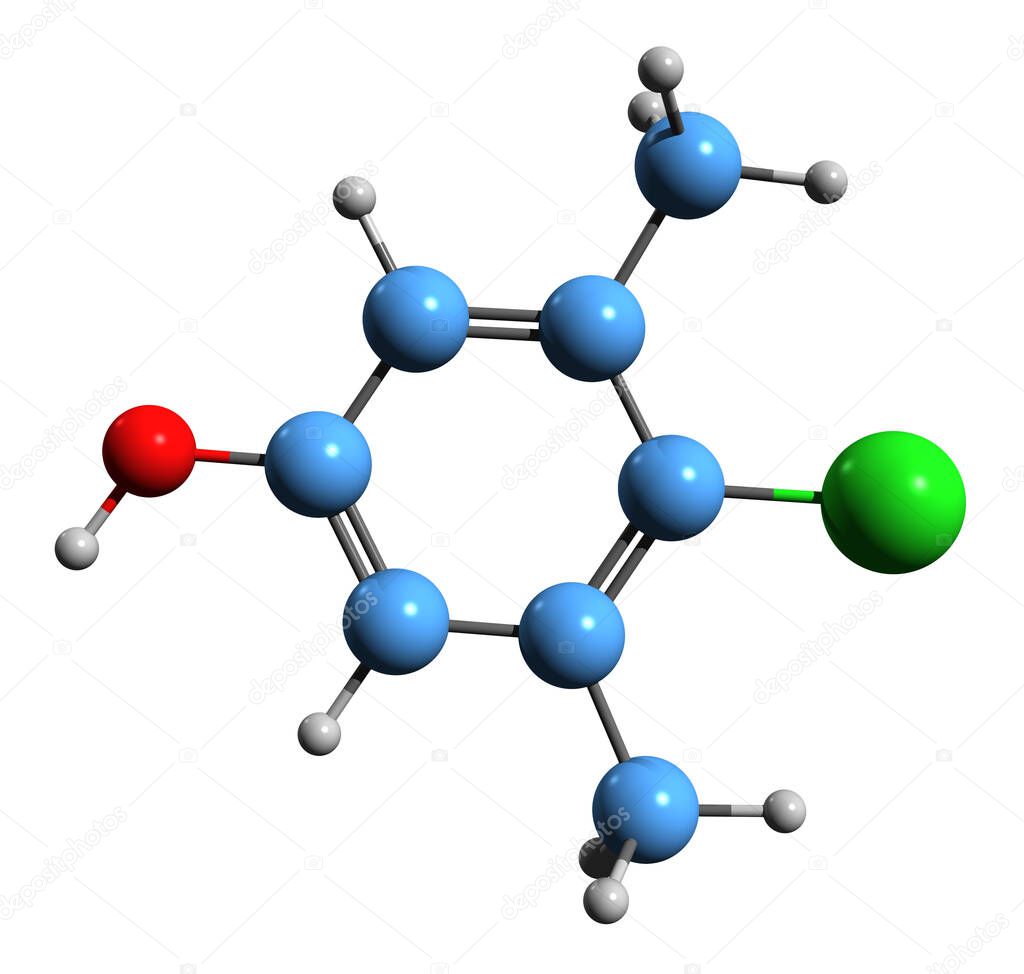 Imagen 3D de la fórmula esquelética de cloroxilenol: estructura química ...