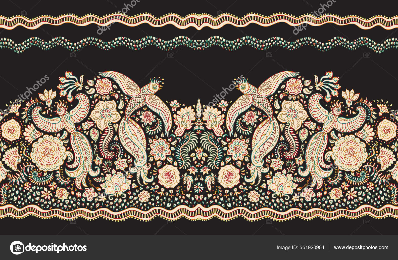 Vector Seamless Border Ethnic Style Fairy Tale Flying Birds Flowers ...