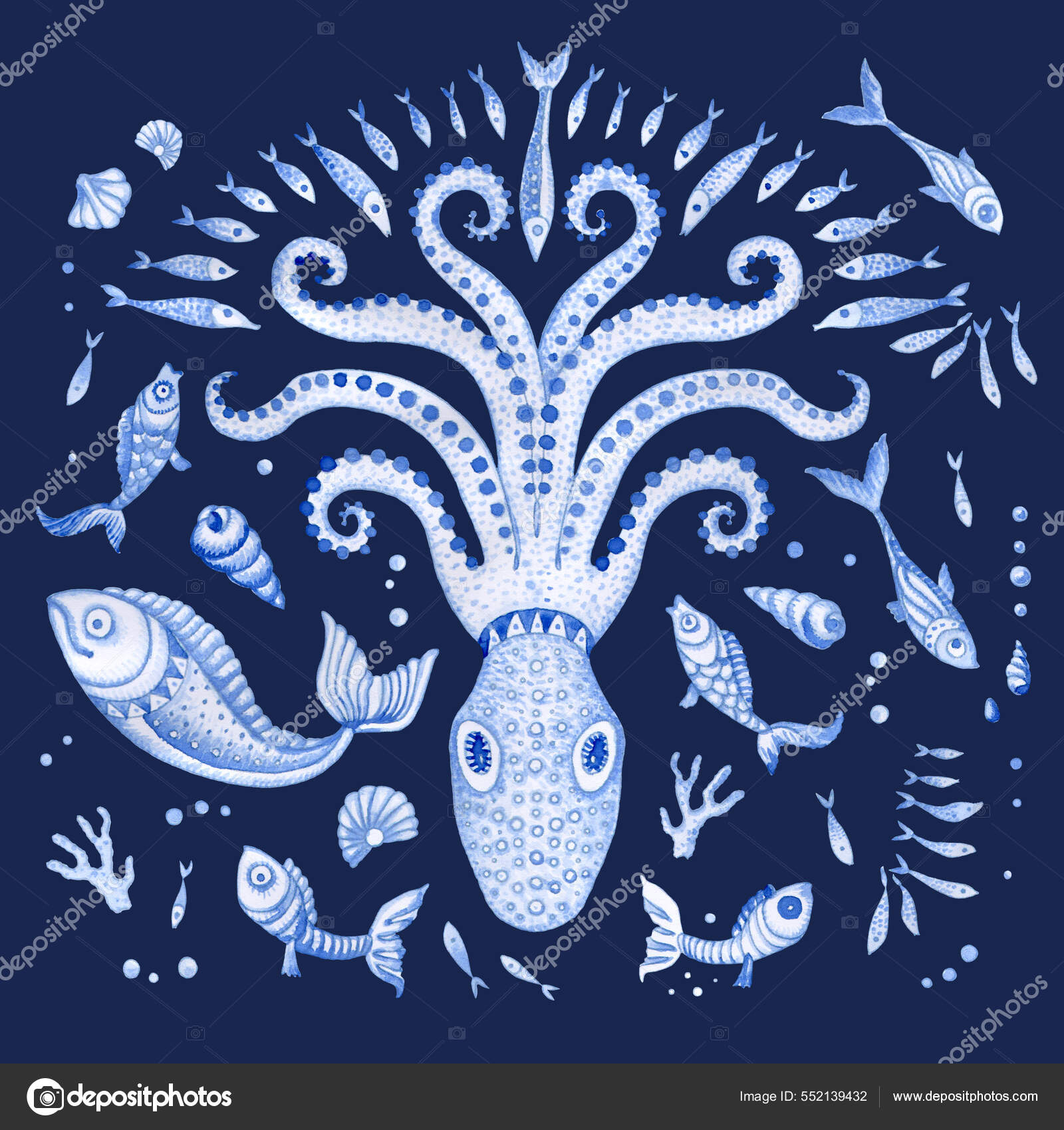 Set Indigo Blue Hand Painted Fairy Tale Sea Animals Watercolor — Stock ...