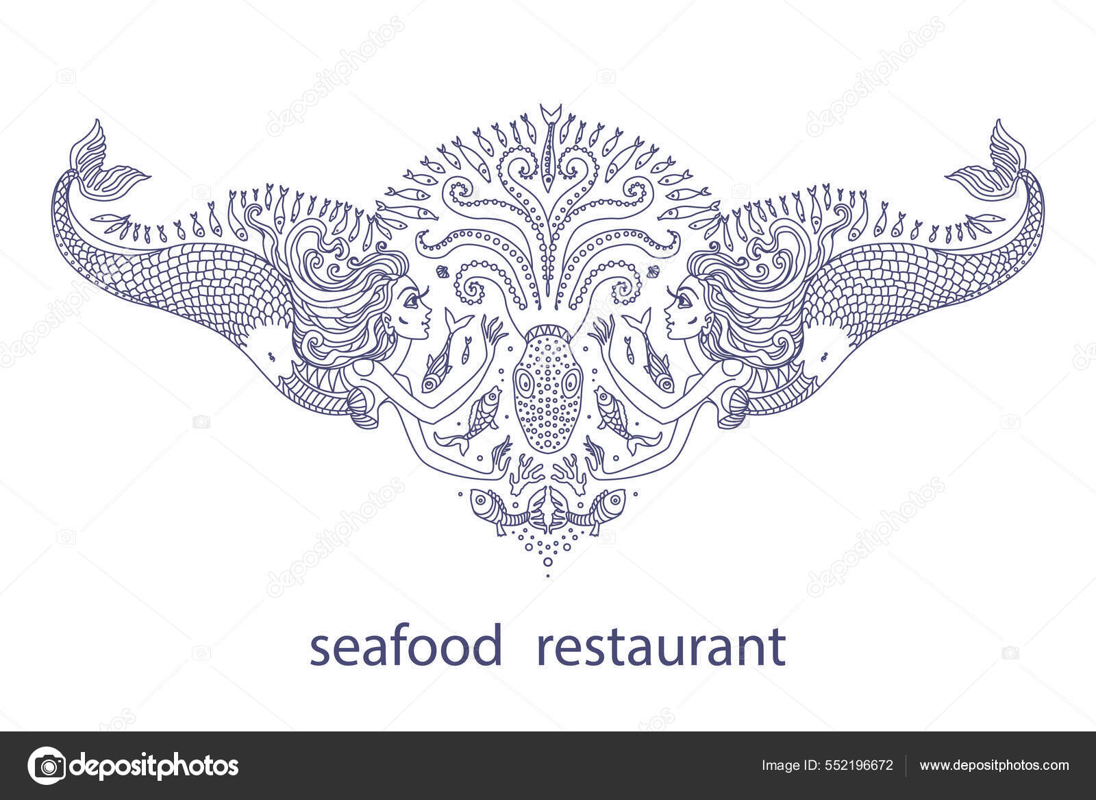 Vector Signboard Sea Food Restaurant Fantasy Mermaid Octopus Fish Sea ...