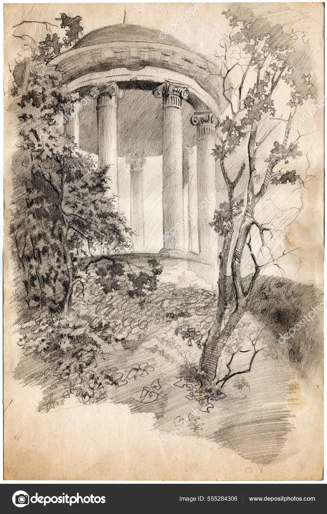 Hand Drawn Pencil Landscape Sketch Ancient Beige Paper Gazebo Classical ...