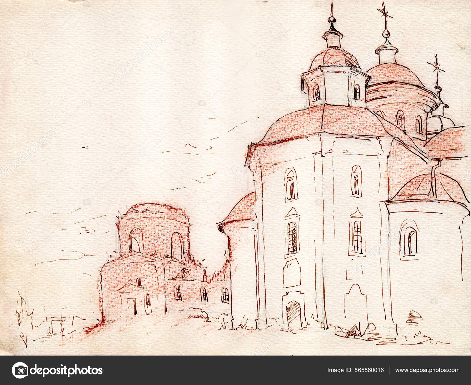 Pencil Ink Pen Landscape Drawing Watercolor Paper Ukrainian Baroque ...