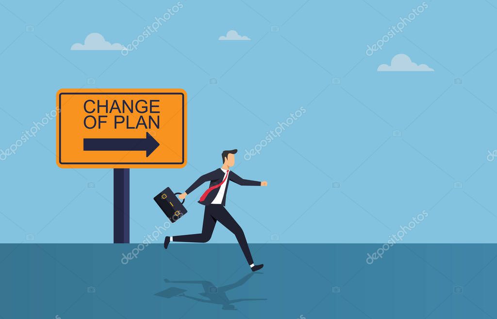 Cambio de concepto de planes, hombre de negocios corriendo hacia la ilustración del nuevo vector ...