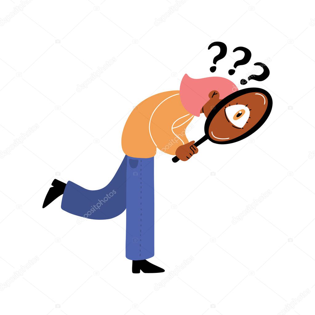 Chica con lupa caminando y buscando algo, concepto de buscar y buscar ...