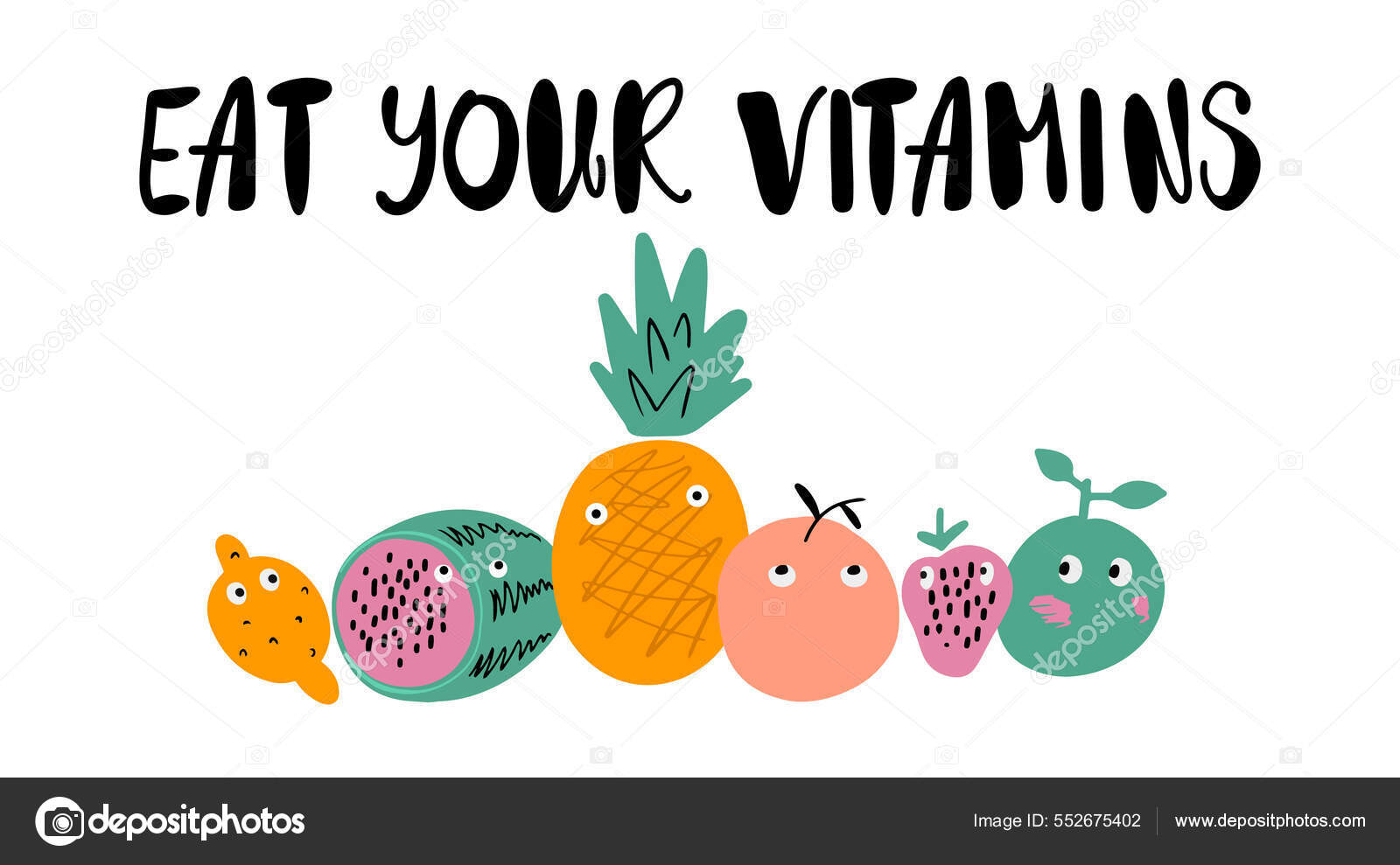 Coma Sus Vitaminas Garabatos Frutas Con Caras Vector Ilustración Vector ...