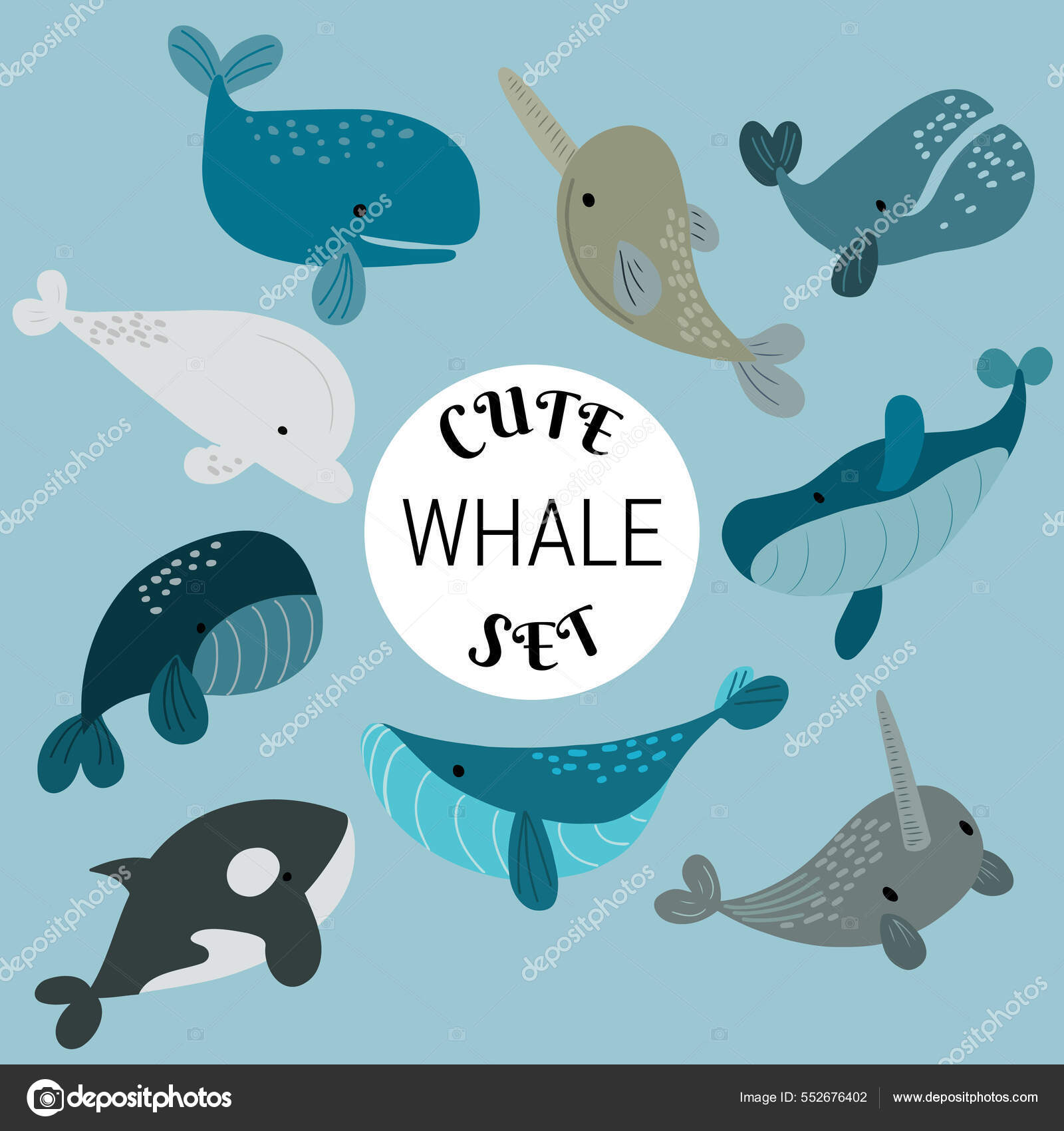 Vector Set Cute Whales Clip Art Isolated Blue Sea Background Stock ...