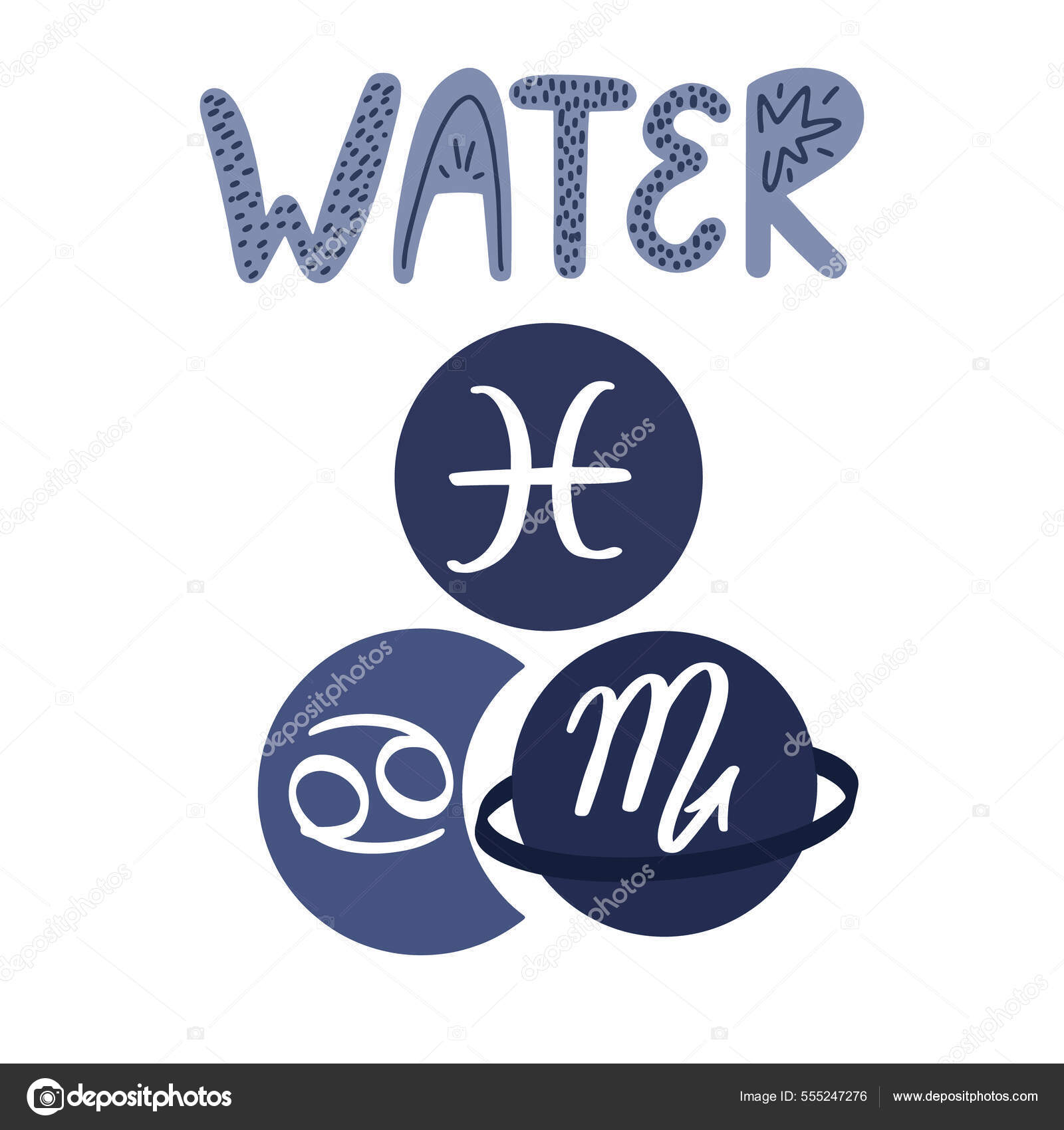 Dibujado Mano Signos Agua Del Zodiaco Piscis Cáncer Escorpio Los Vector ...