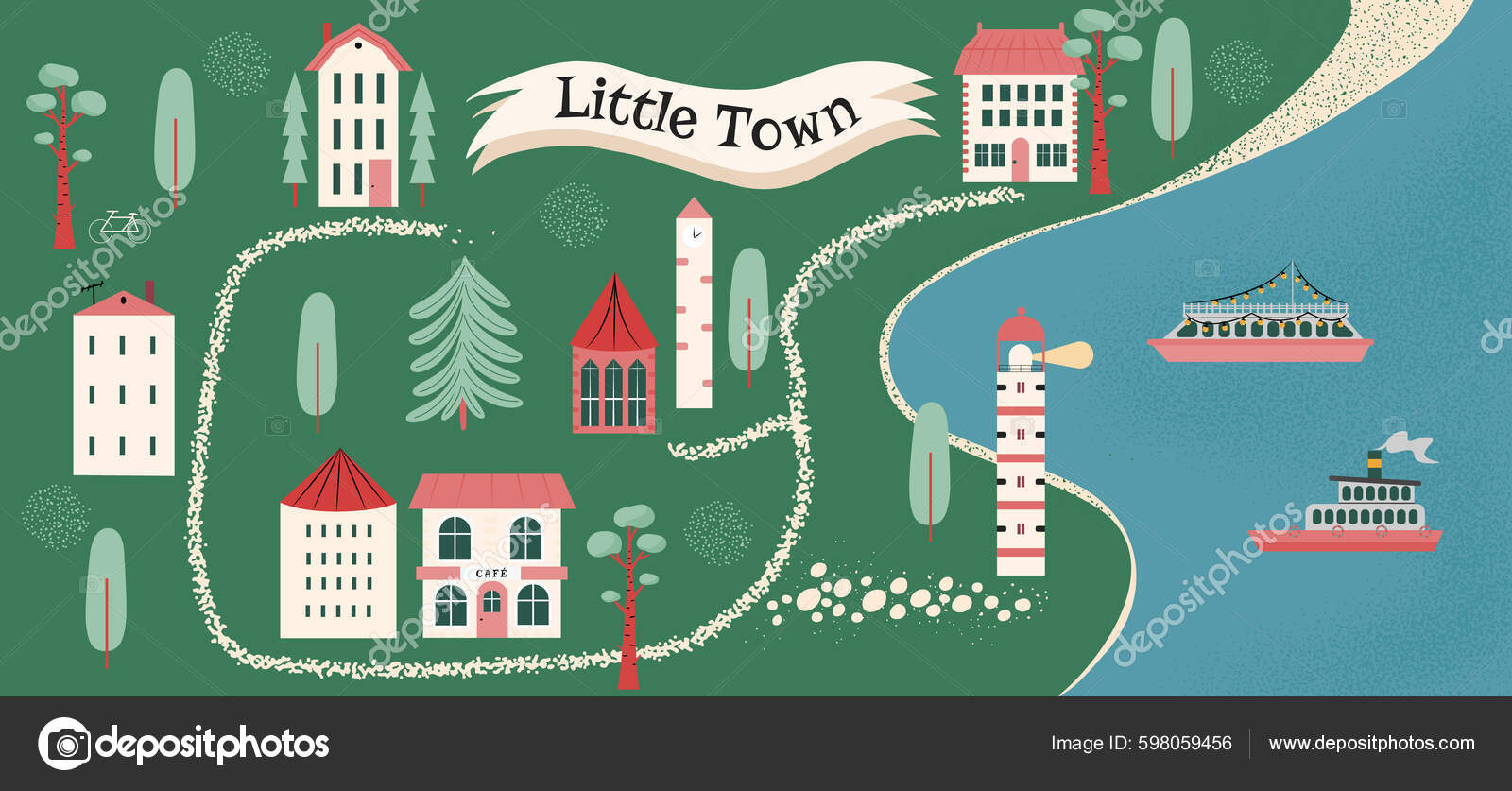 Hand Drawn Cute Childish Map Little Town Coastline Flat Scandinavian ...