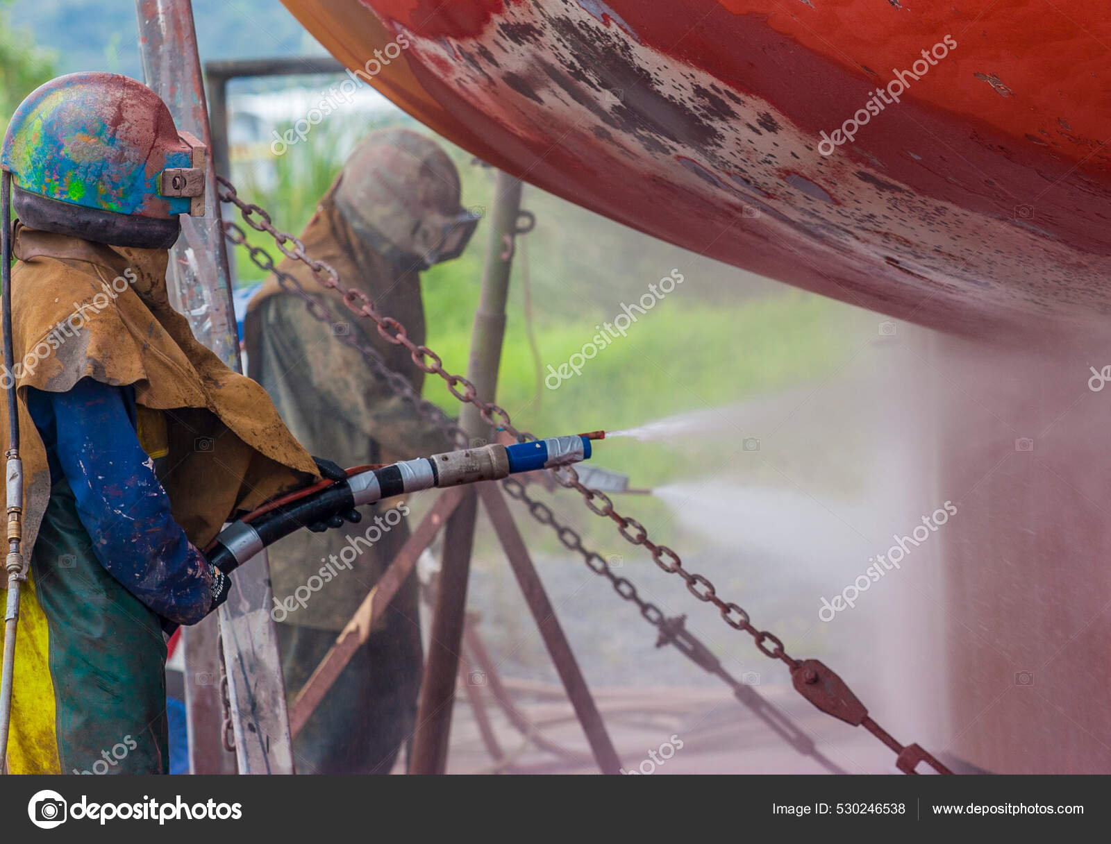 Worker Boat Warf Andblasting Corroded Hull Sailing Vessel — Stock Photo ...