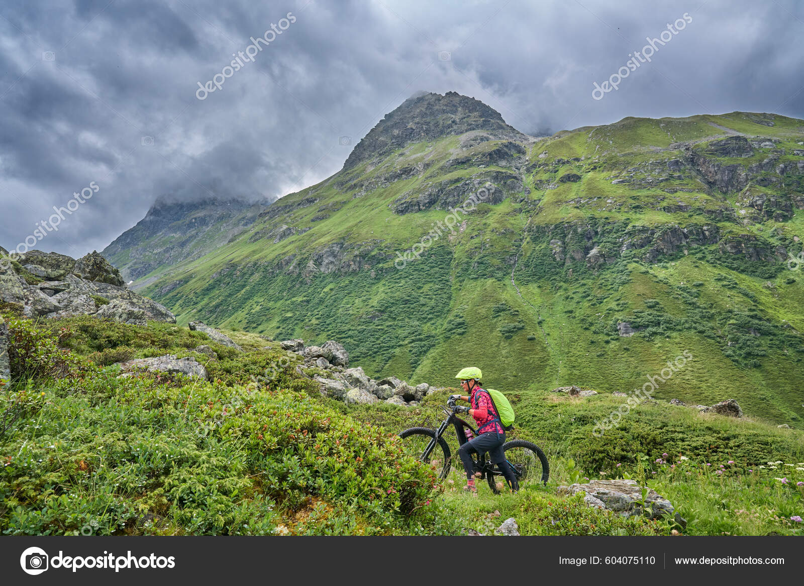 Nice Active Senior Woman Riding Her Electric Mountain Bike Jamtal ...