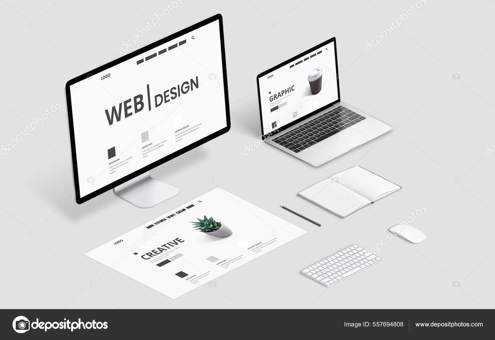 Isometric Web Design Studio Desk Computer Display Laptop Concept Page ...