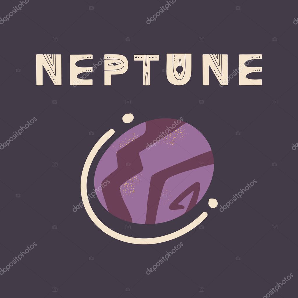 Cartel con letras neptune y planeta. Ilustración vectorial para ...