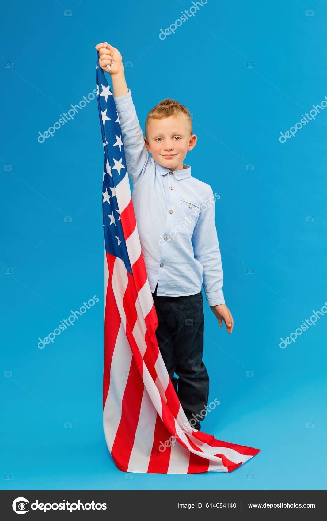 Cute Boy Holding American Flag Indoor Studio Blue Background Concept ...