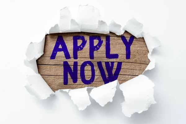 Hand writing sign Apply Now. Business idea request something officially ...