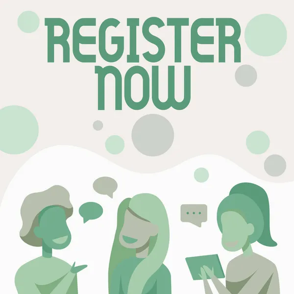 Writing displaying text Register Now. Conceptual photo official list or ...