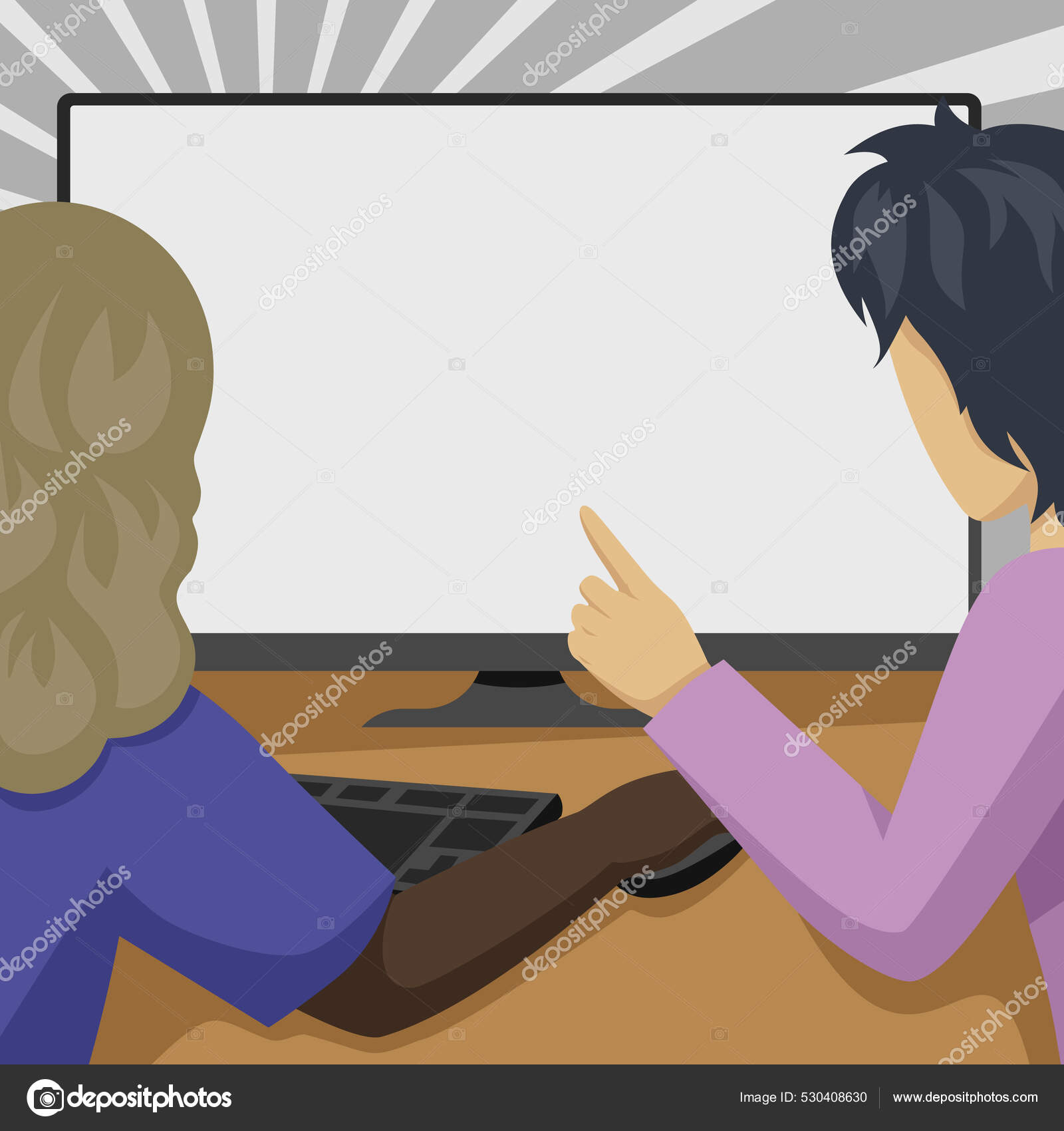 Couple Drawing Using Desktop Computer Helping Each Other Accomplishing ...