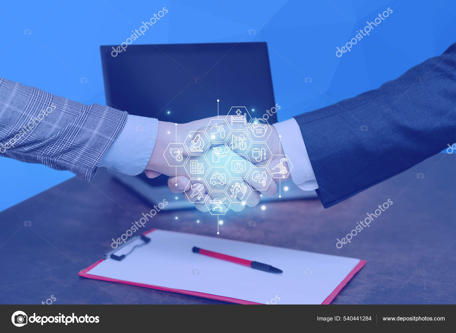 Hands Shaking Signing Contract Unlocking New Futuristic Technologies ...