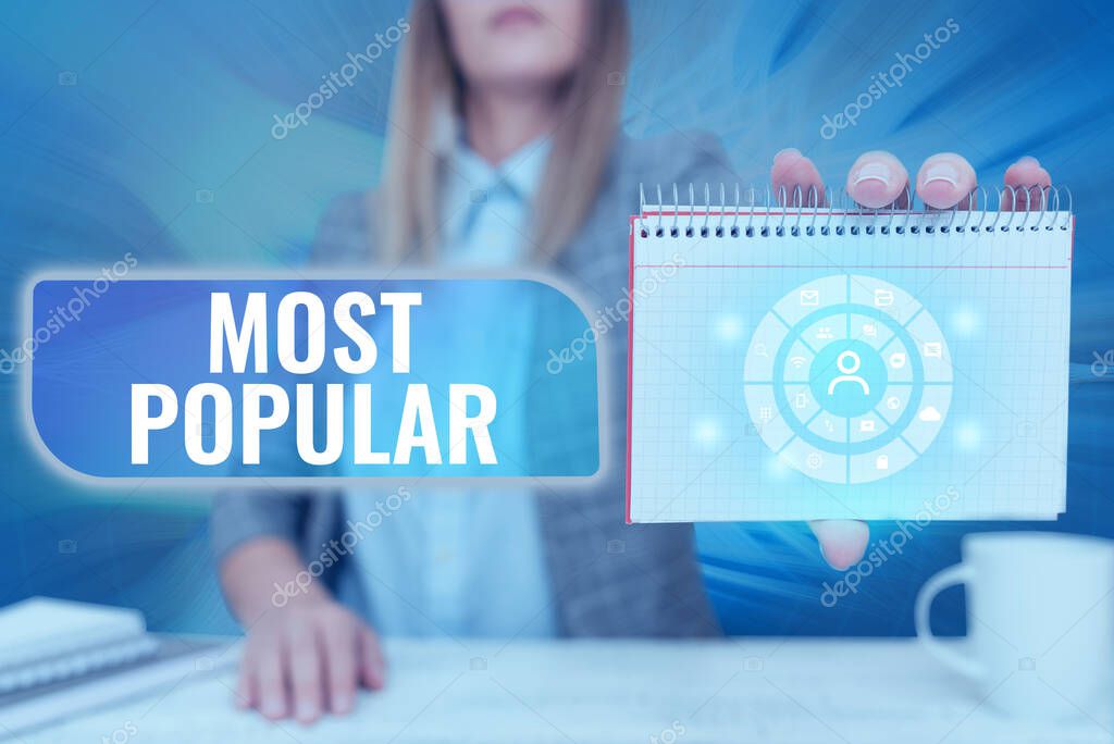 Texto de pie de foto que presenta más popular. Concepto significado Me ...