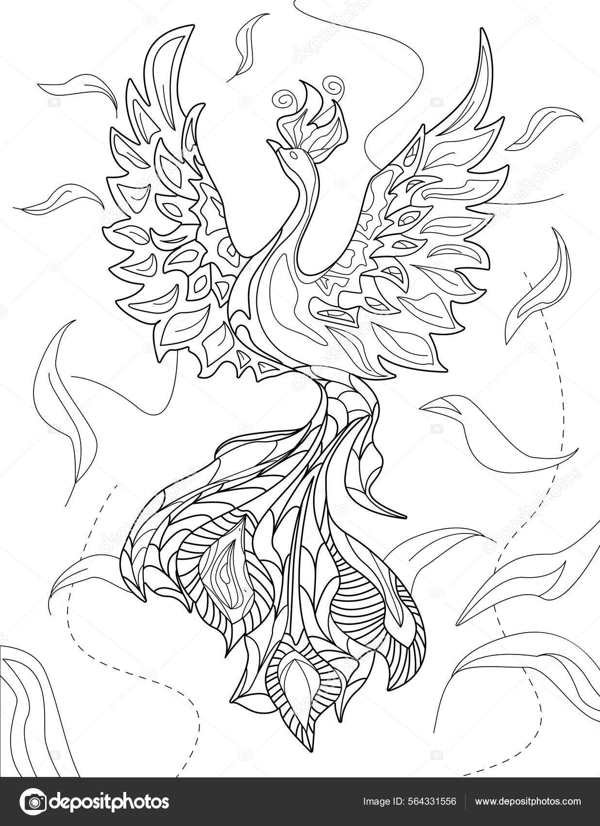 Abstract vector line drawing stylized elegant phoenix flowy feather ...