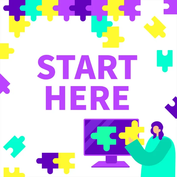 Conceptual caption Start Here, Business overview telling someone this ...