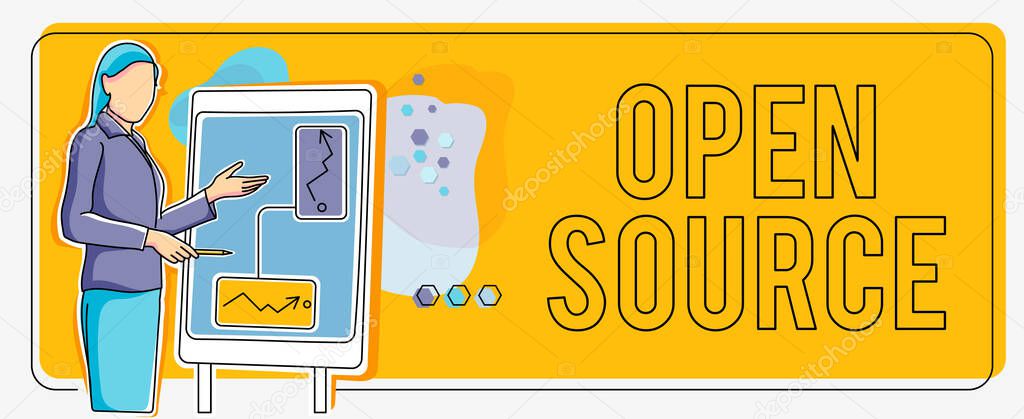 Texto de escritura a mano Código abierto, Concepto de Internet que denota el software que el ...